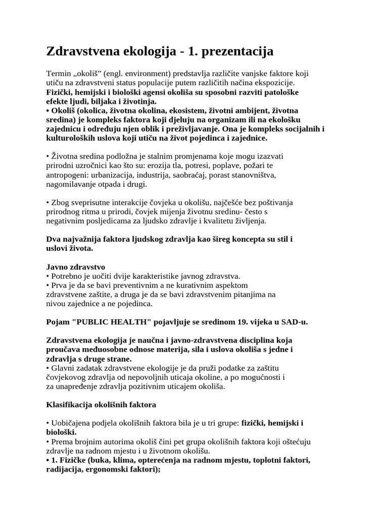 Zdravstvena Ekologija - Skripta | PDF