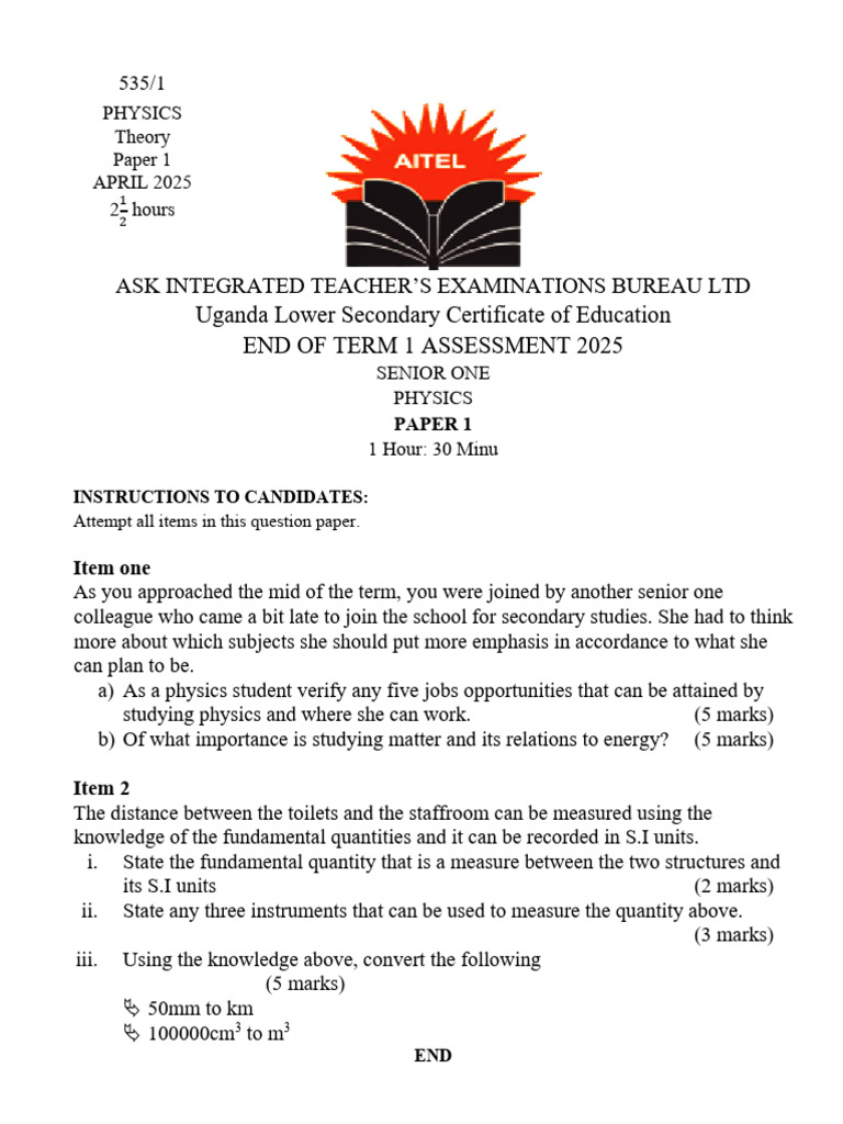 Senior One Physics Paper 1 2025 | PDF