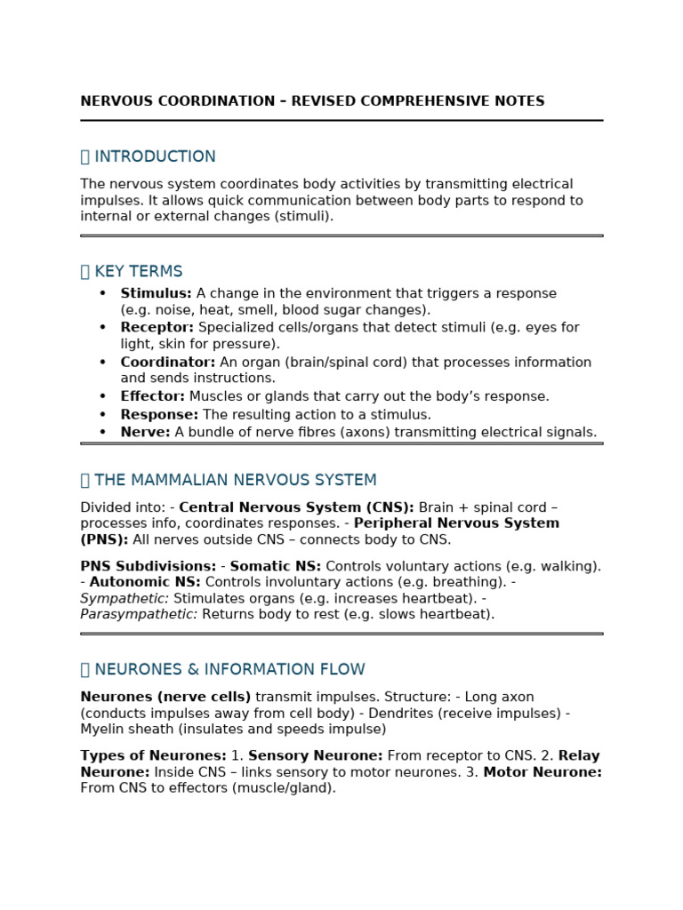 Nervous Coordination Notes | PDF | Nervous System | Central Nervous System