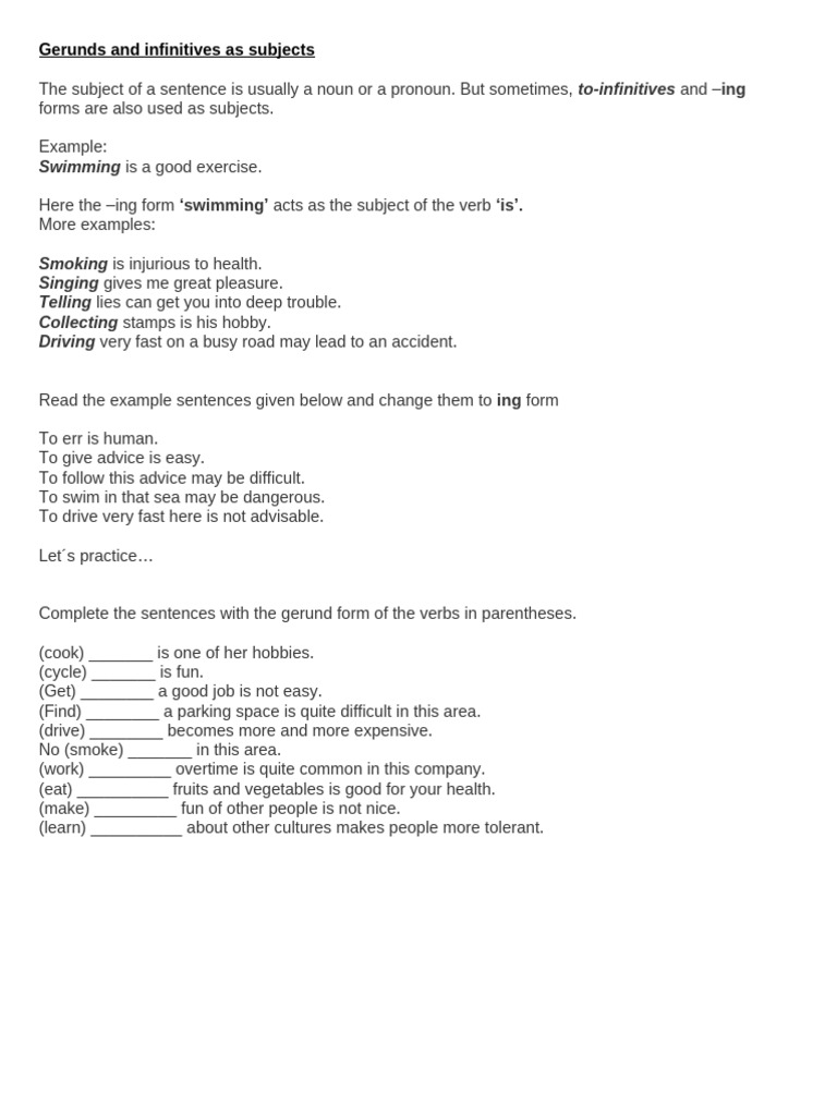 Gerunds and Infinitives As Subjects | PDF