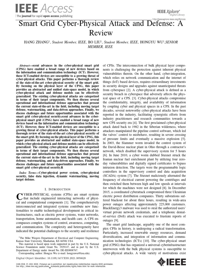 Smart Grid Cyber-Physical Attack and Defense: A Review: Hang Zhang,, Bo Liu,, Hongyu Wu | PDF ...