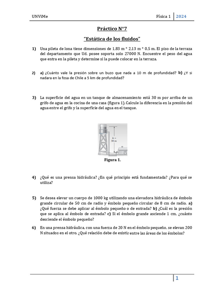 Práctico 7 Estatica de Fluidos - 2024 | PDF | Presión | Ingeniería mecánica