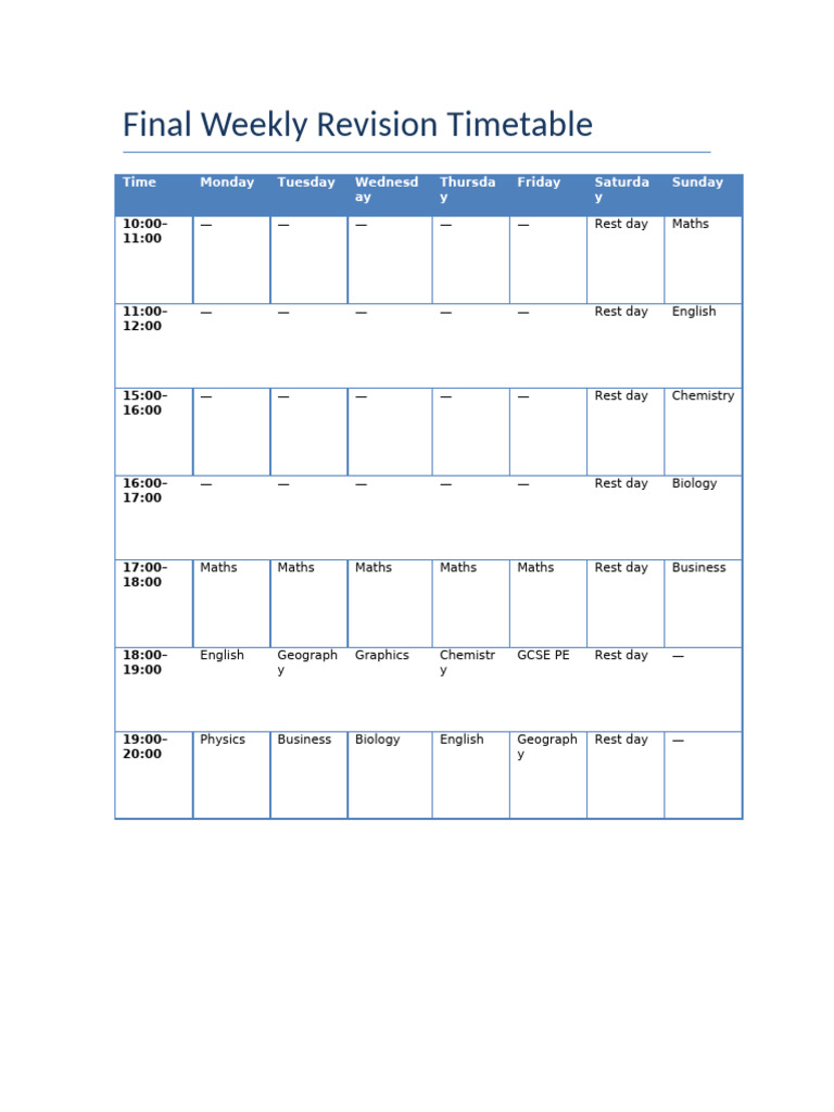 Weekly Revision Timetable | PDF