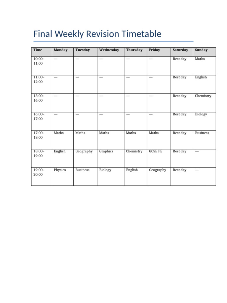 Weekly Revision Timetable Styled | PDF