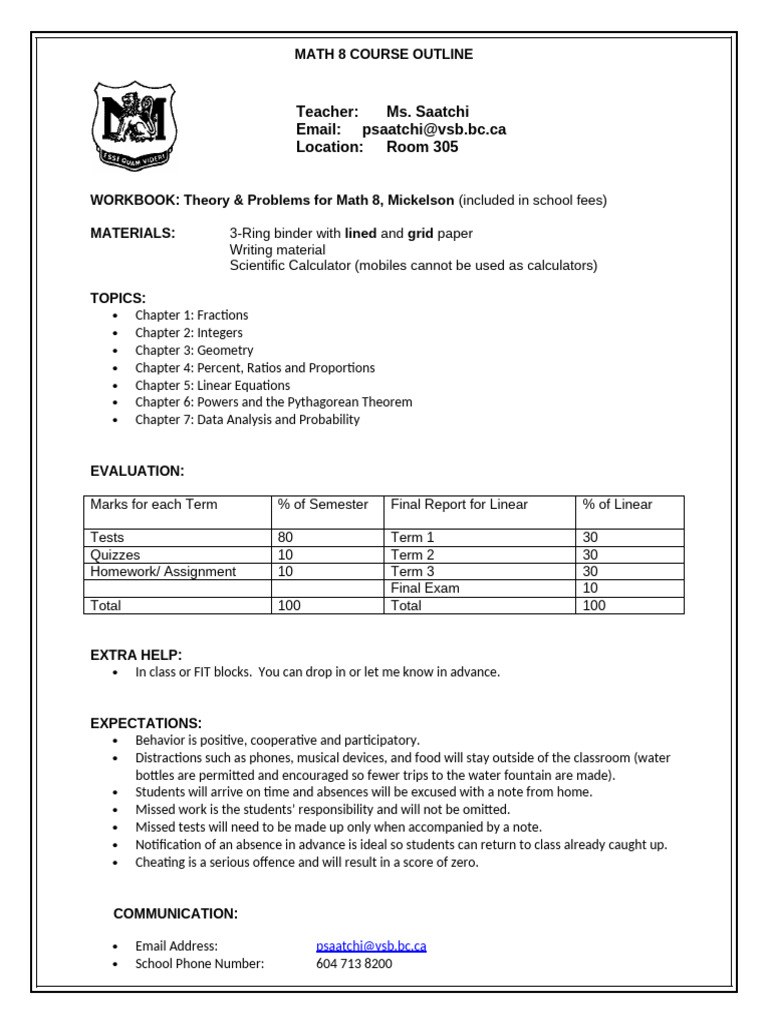Math 8 Course Outline 2020 | PDF