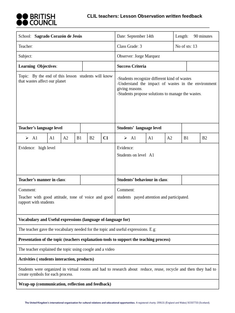 CLIL Lesson Observation Form Model | PDF | Teachers | Learning