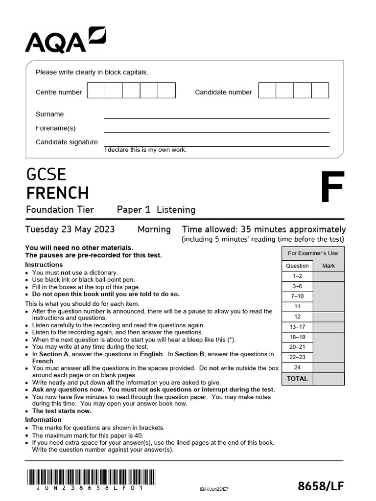 GCSE French Listening Exam Paper | PDF