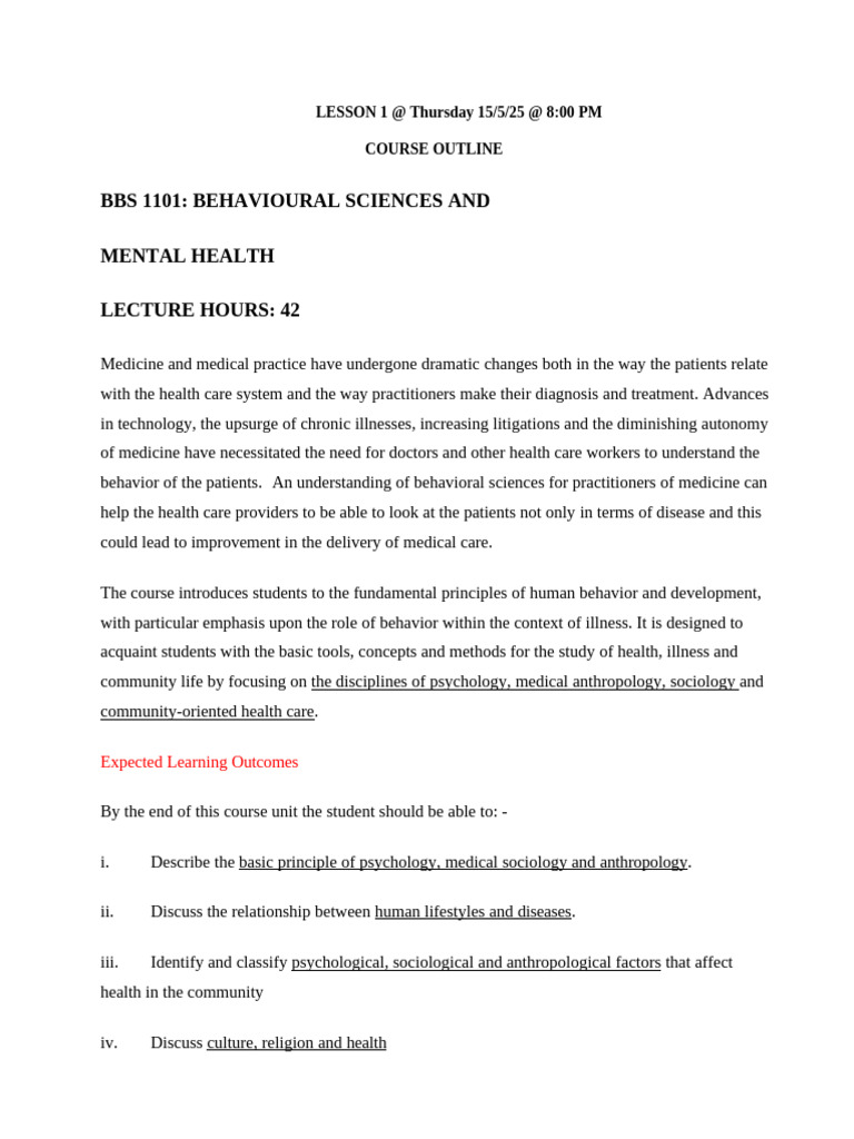 Course Outline BBS 1101 - Behavioural Sciences and Mental Health @15 ...