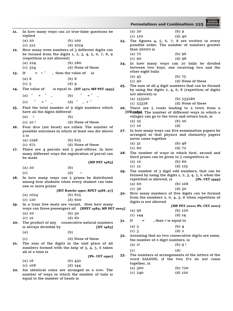 01 Ques. Permutations & Combinations | PDF | Permutation | Mathematics