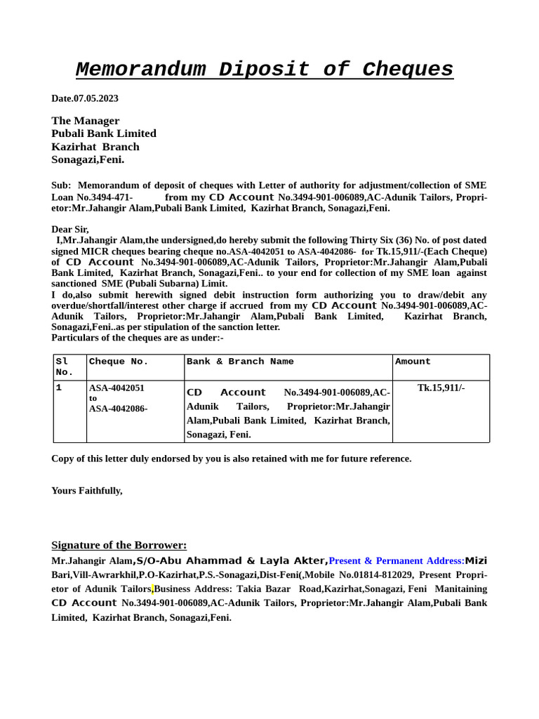 Memorandum of Cheque Deposit for Loan | PDF | Cheque | Money