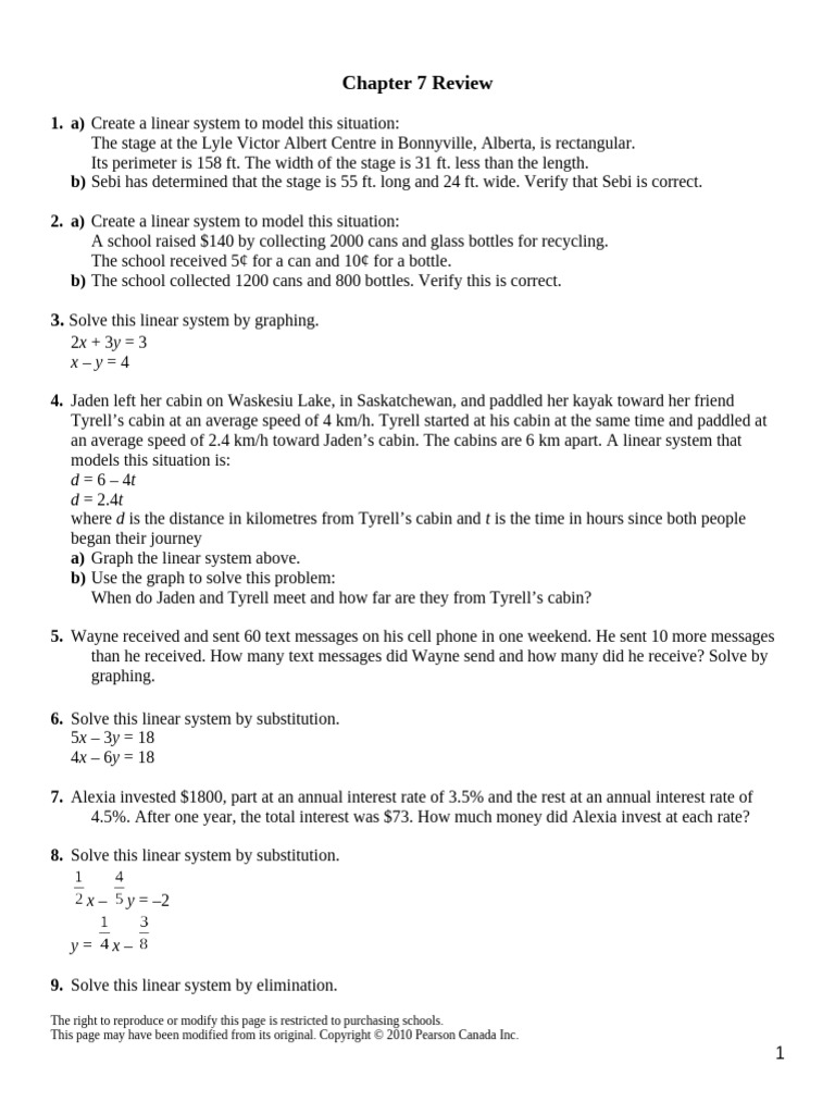 Chapter 7 Review and Answers | PDF | System Of Linear Equations | Equations