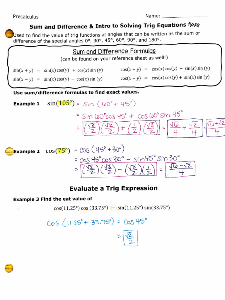 Trigonometric Sum and Difference Formulas | PDF | Trigonometric ...