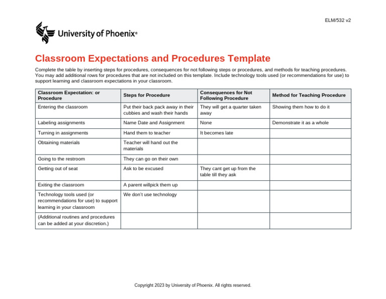 Elm532 v2 Wk2 Classroom Expectations and Procedures Template | PDF