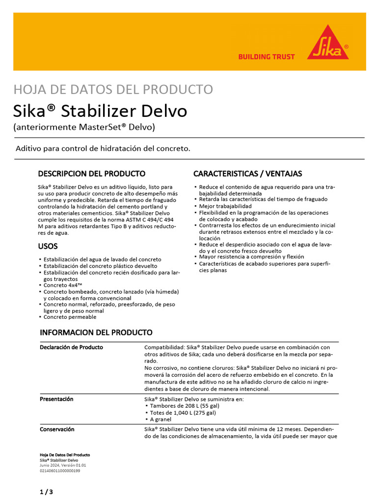 Sika Stabilizer Delvo | PDF | Hormigón | Cemento