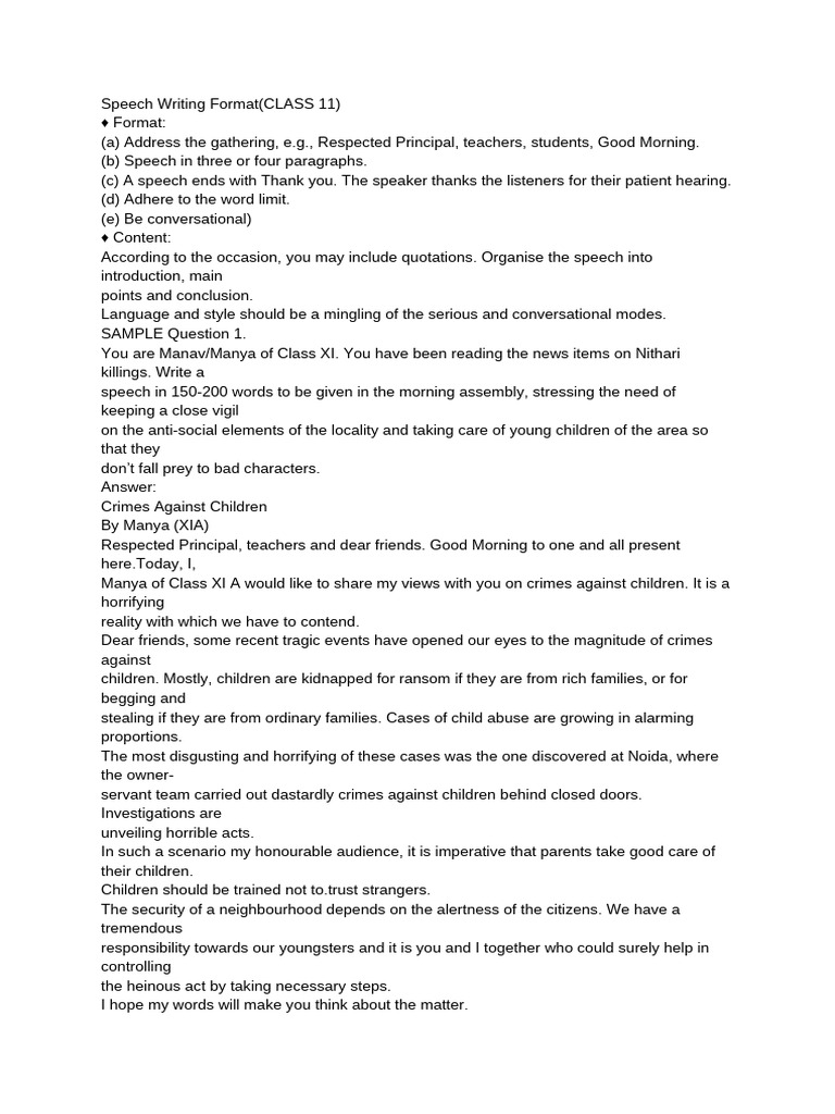 Speech Writing Format (CLASS 11) | PDF