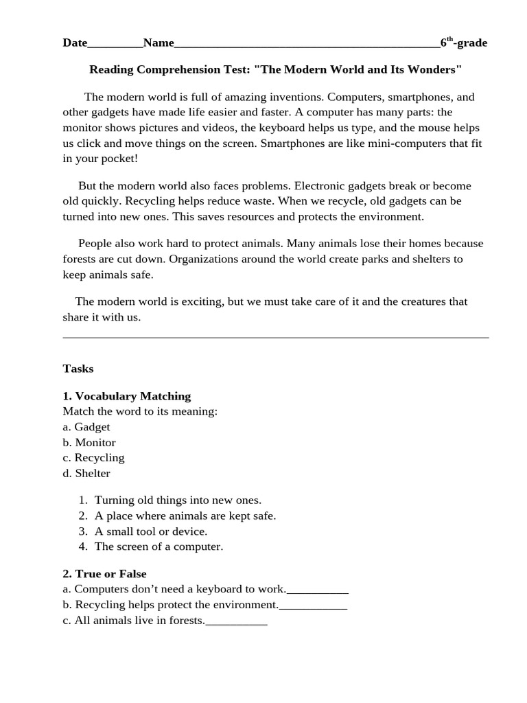 Reading Comprehension Test The Modern World and Its Wonders | PDF ...