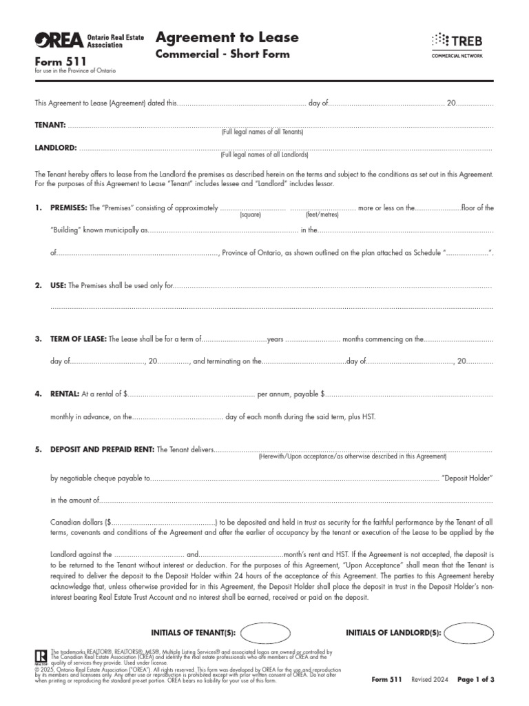(Toronto) 511 - Agreement To Lease - Commercial - Short Form | PDF ...