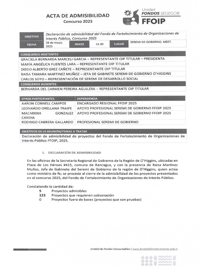 Acta de Admisibilidad FFOIP 2025 - O Higgins | PDF