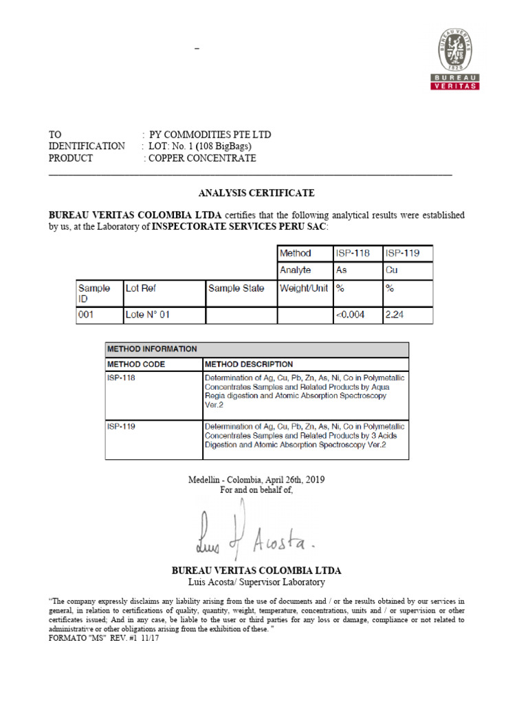 Analysis Certificate Py Commodities Cu, As (Os 08-00027) | PDF