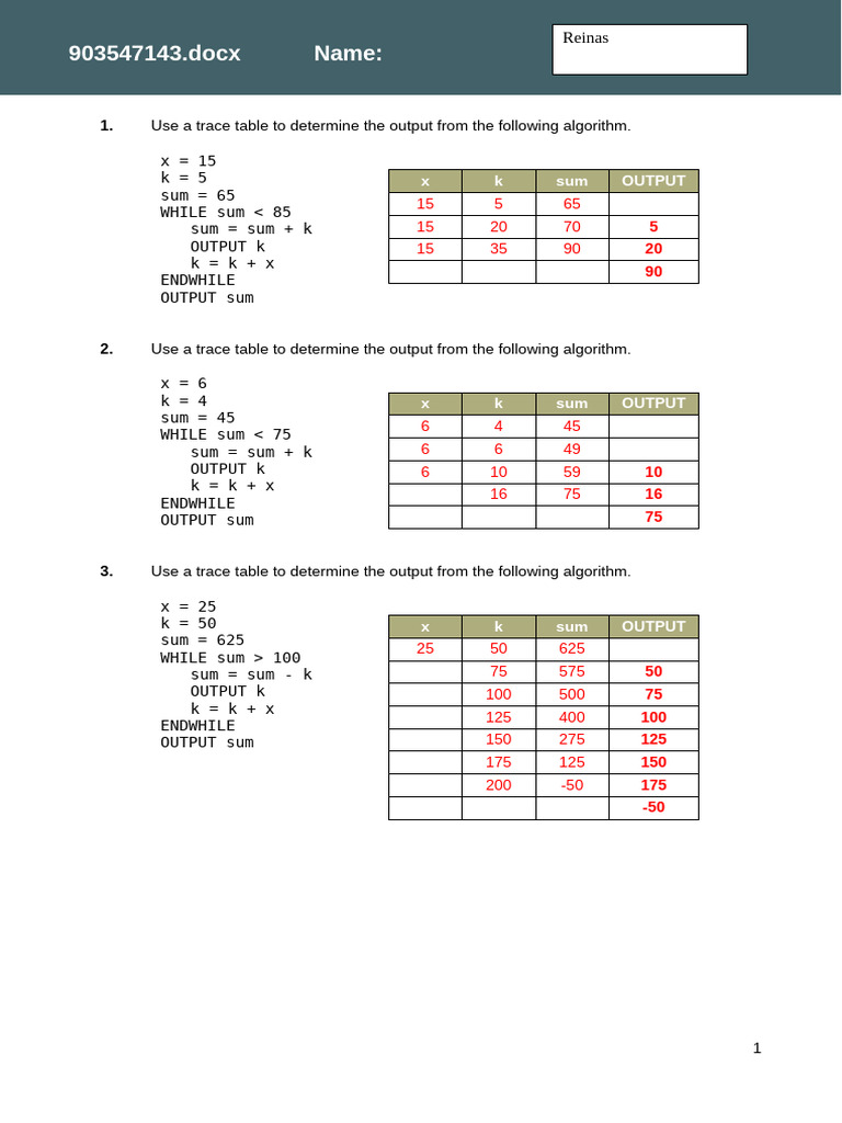 Trace Table 1 Done | PDF