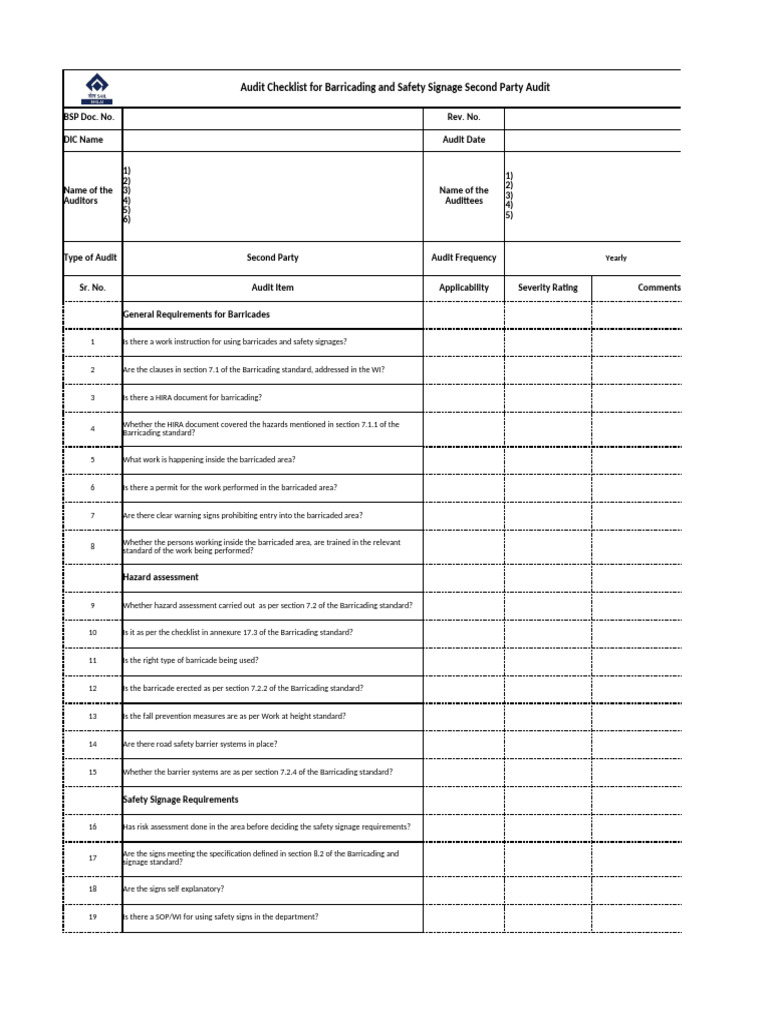 Barricading and Safety Signage Audit Checklist | PDF | Audit | Safety