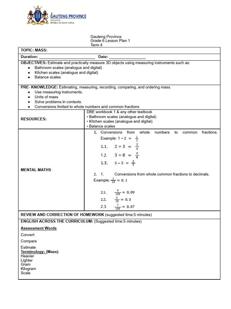 Grade 6 Mass Measurement Lesson Plan | PDF | Mass | Weighing Scale