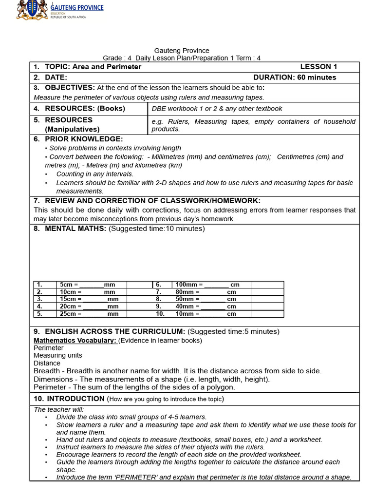 Grade 4 Area and Perimeter Lesson Plans | PDF | Length | Area