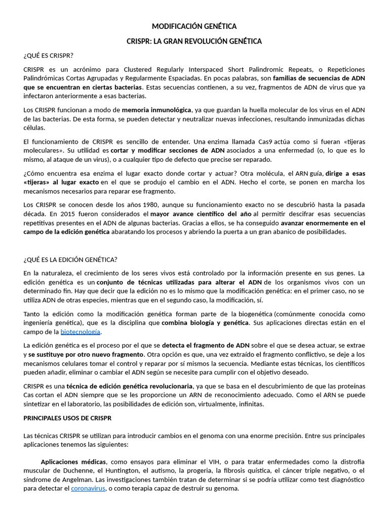 Modificación Genética | PDF | Crispr | Ingeniería genética