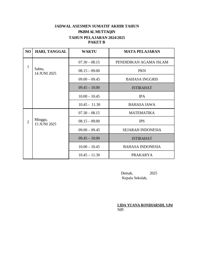Jadwal Penilaian Sumatif New | PDF