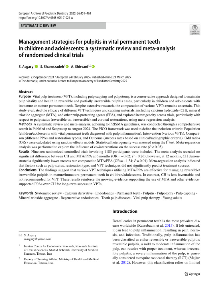 Management Strategies For Pulpitis in Vital Permanent Teeth in Children and Adolescents A ...
