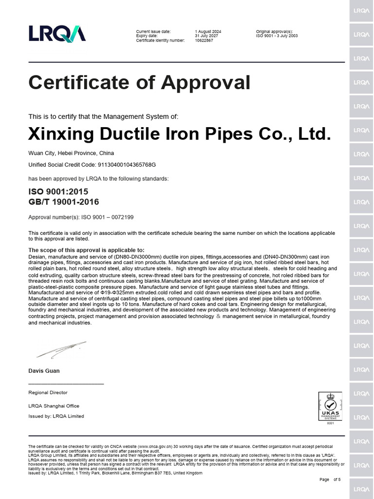 ISO 9001:2015 Certification for Ductile Iron Pipes | PDF | Pipe (Fluid ...