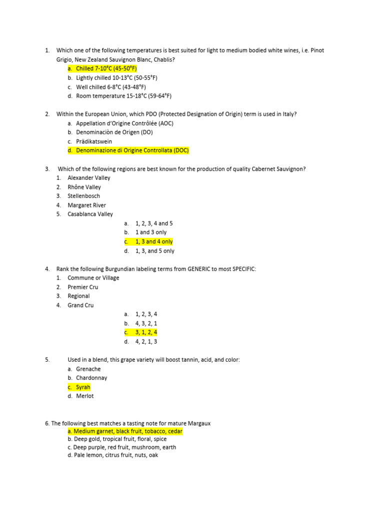 WSET Level 3 Exam Practice Questions | PDF | Winemaking | Wine