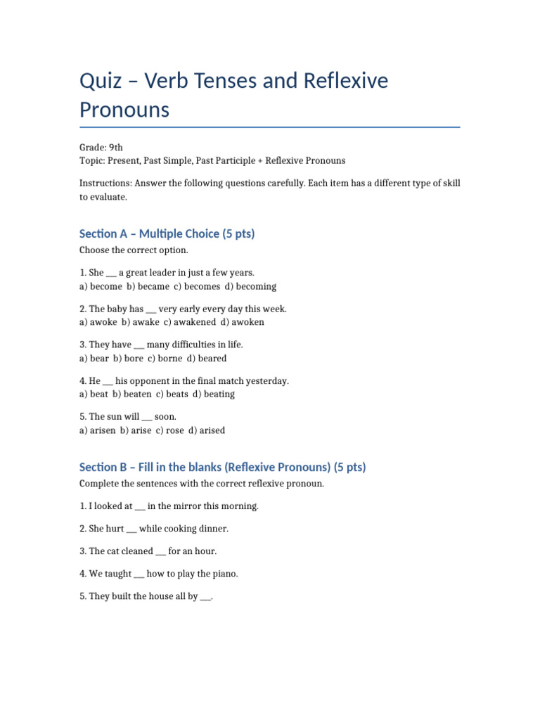 Quiz_Grade9_Verbs_Reflexives | PDF