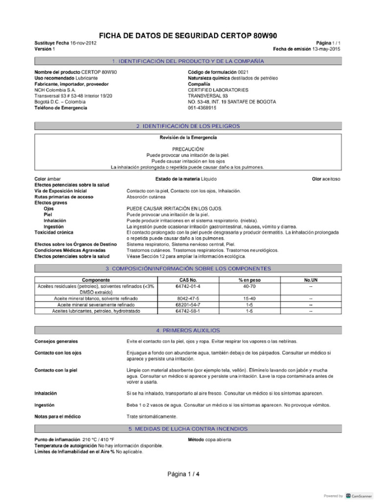 Msds Lubricante Certop 80w90 021 | PDF