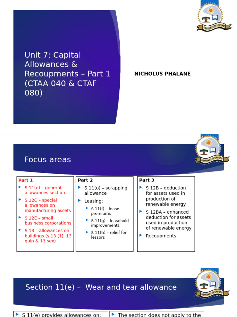 Unit 7 Capital Allowances & Recoupments (Part 1) - 2024 - CTAA040 ...