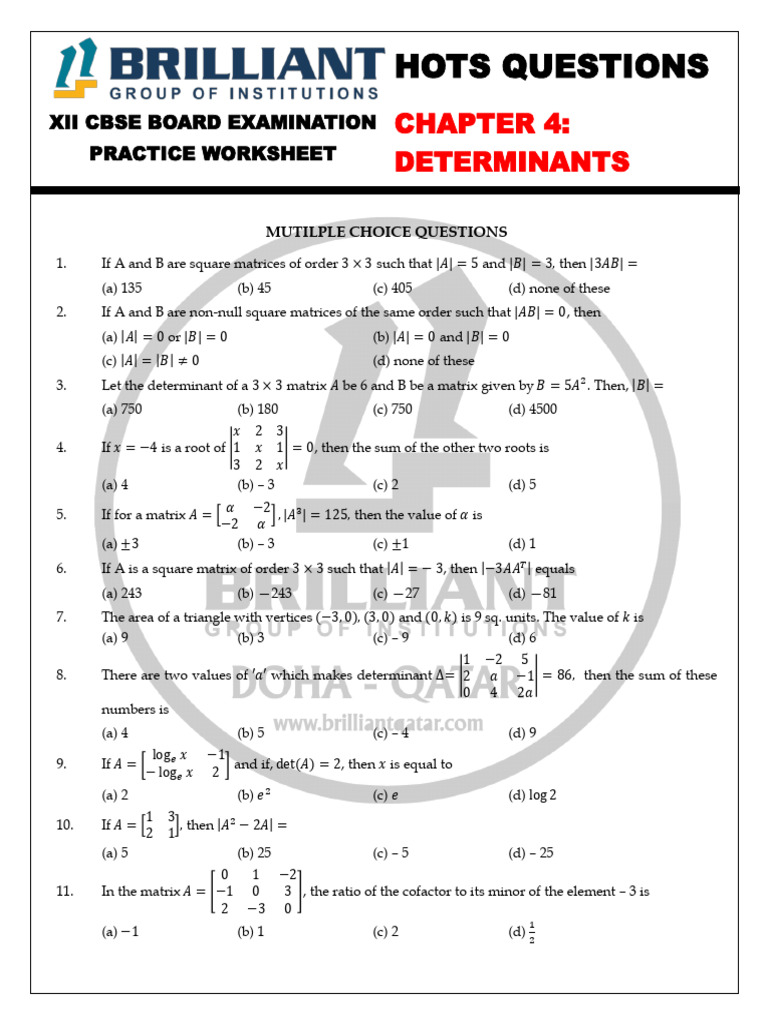 CH 4 Determinants - Hots Questions | PDF | Operator Theory | Abstract Algebra
