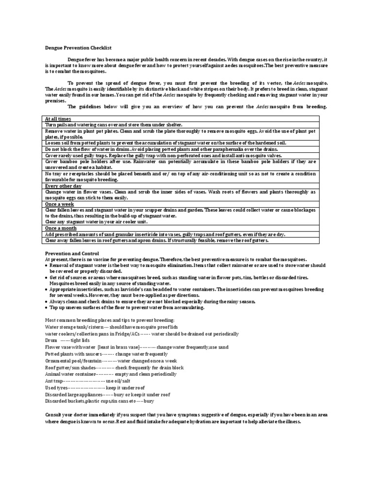 Dengue Prevention Checklist | PDF | Mosquito | Storm Drain