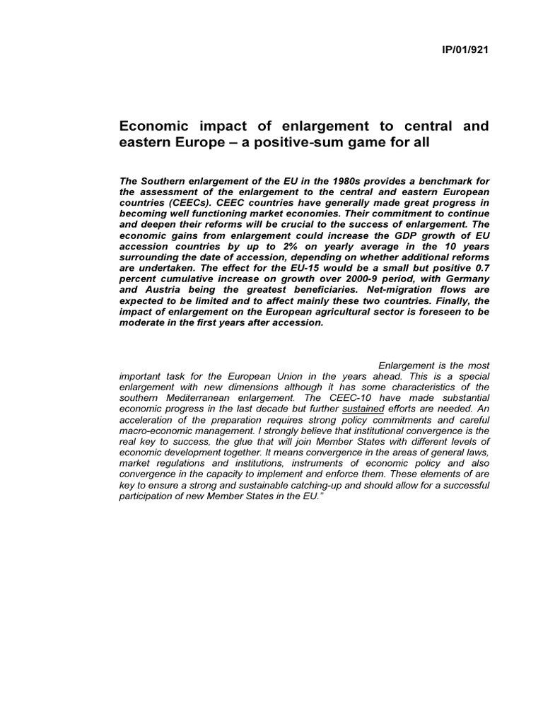 Economic Impact of Enlargement To Central and Eastern Europe A Positive ...