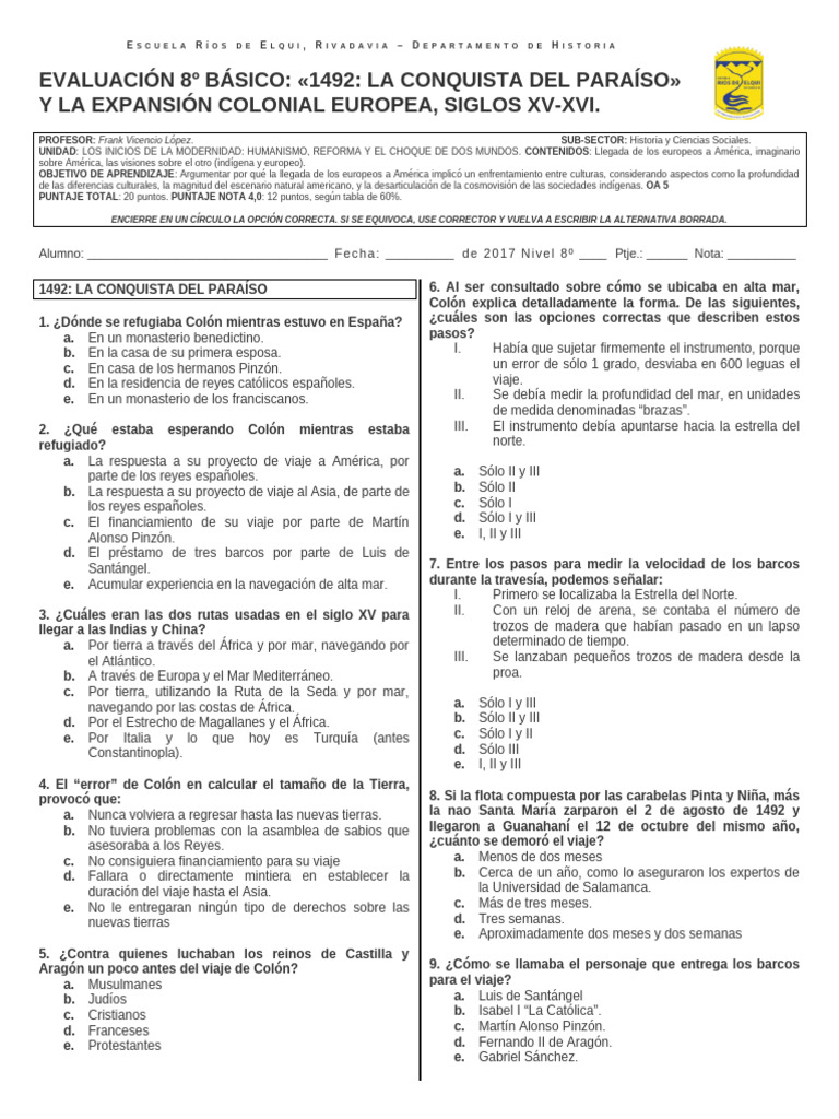 Evaluación Historia Octavo Básico | PDF | Cristobal colon