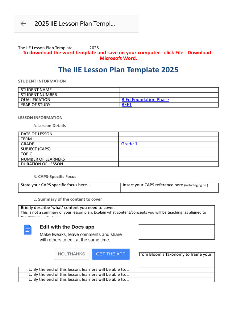 2025 IIE Lesson Plan Template | PDF | Lesson Plan | Educational Assessment