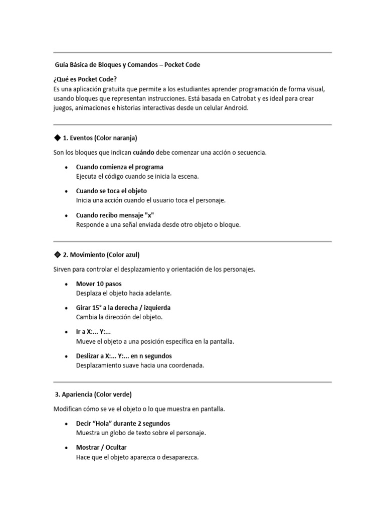 Guía Básica de Bloques y Comandos Pocket Code | PDF | Ingeniería de software | Ingeniería ...