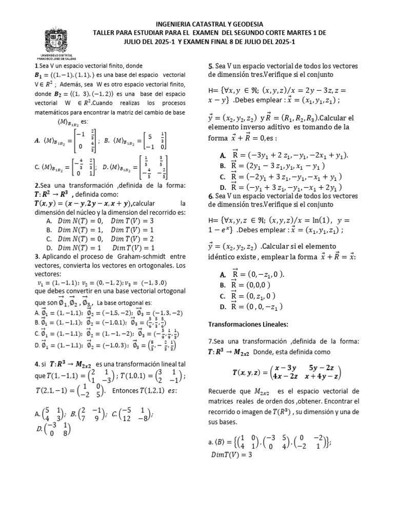 Jdistrital-Taller Final de Algebra Lineal 20-1 | PDF | Base (álgebra lineal) | Vector Euclidiano