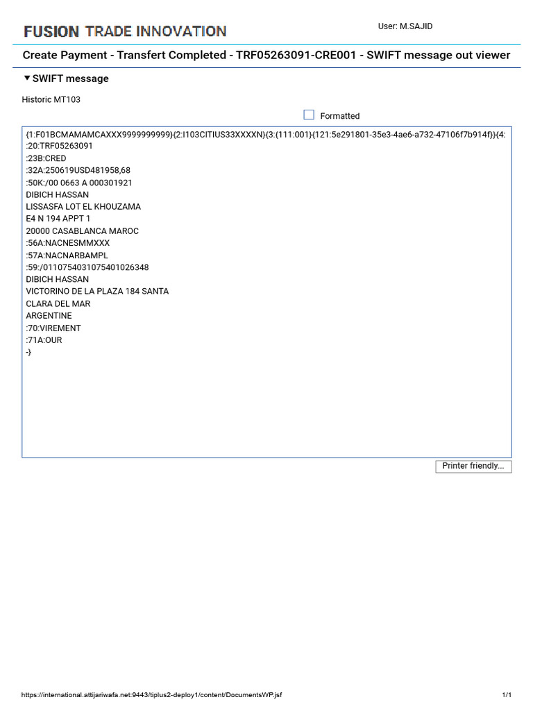 TRF05263091-CRE001 - SWIFT Message Out Viewer | PDF
