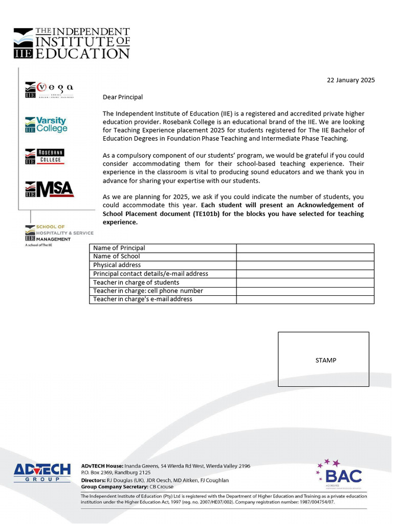 2025 Teaching Experience Placement Request | PDF