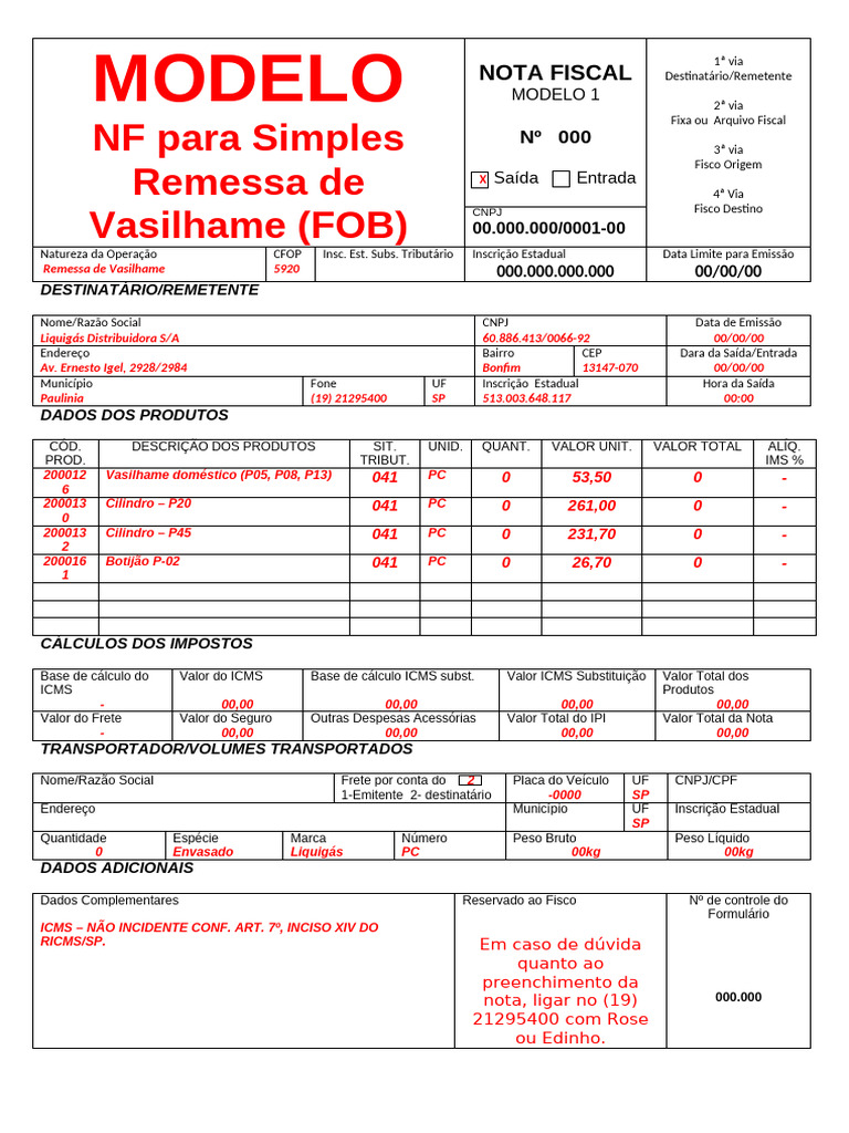 Nota Fiscal Modelo 1: Remessa Vasilhame | PDF