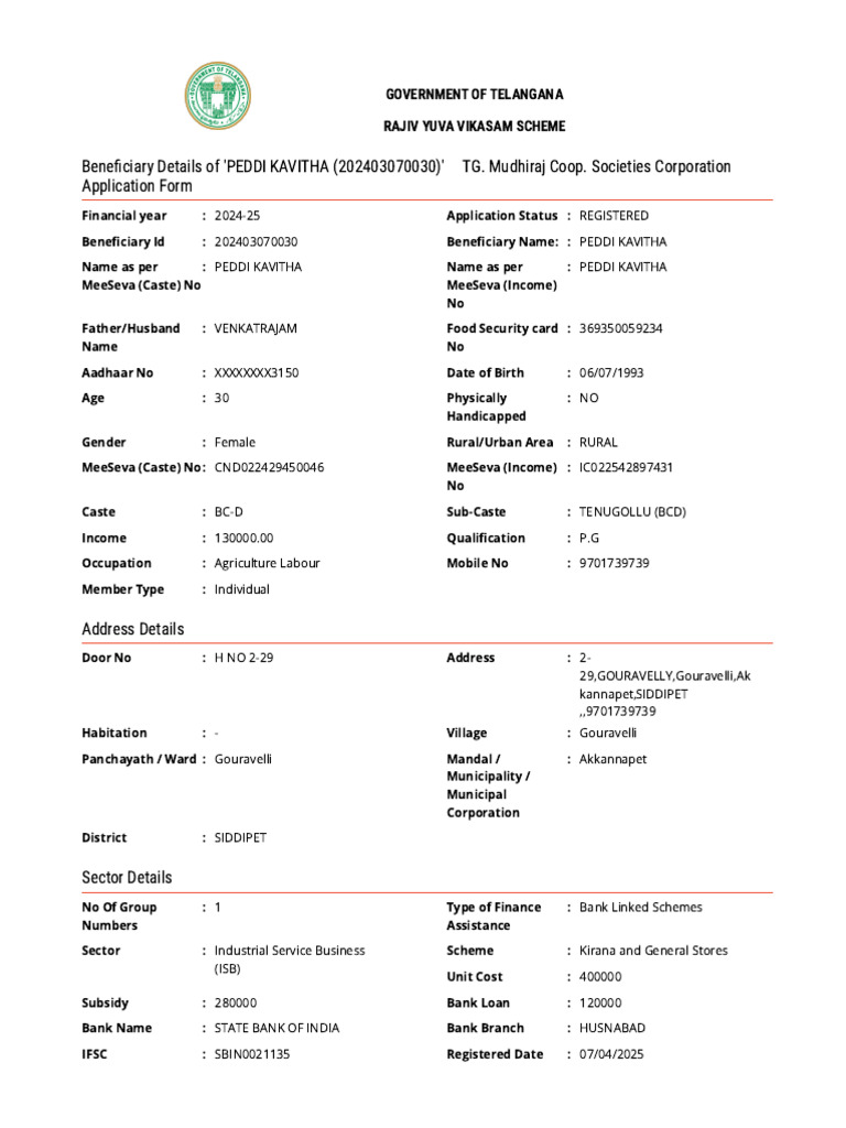 Telangana OBMMS Application Details | PDF