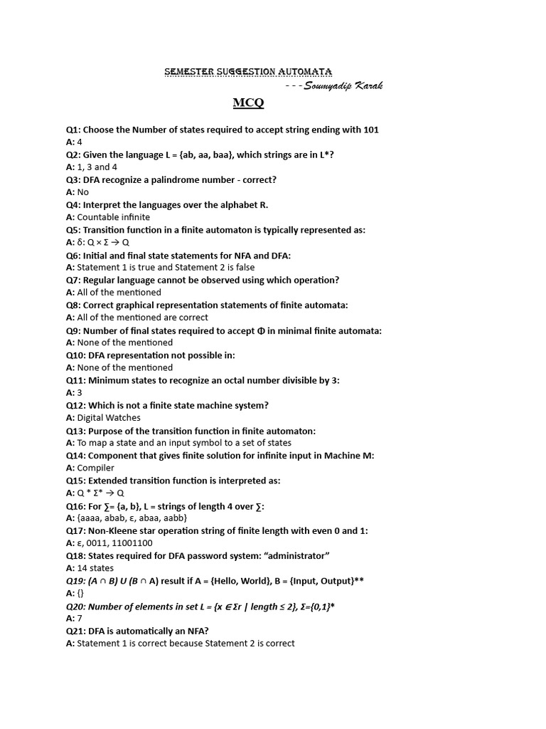 Semester Suggestion Automata | PDF | Automata Theory | Mathematical Logic