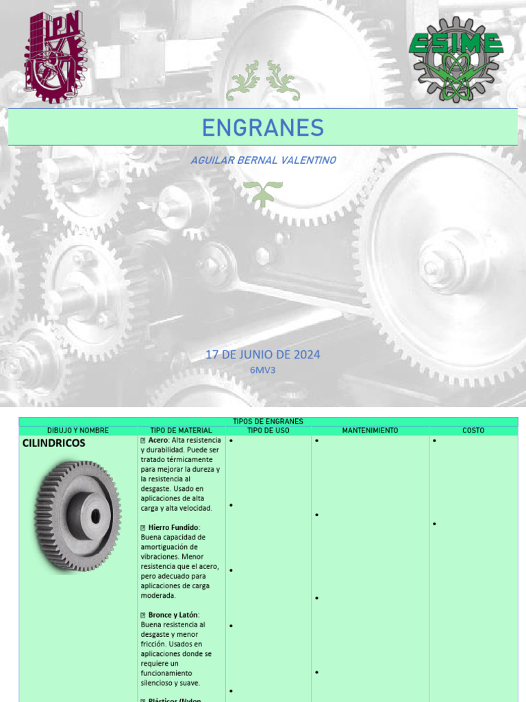 Tipos y Mantenimiento de Engranes | PDF | Engranaje | Rodamiento (Mecánico)