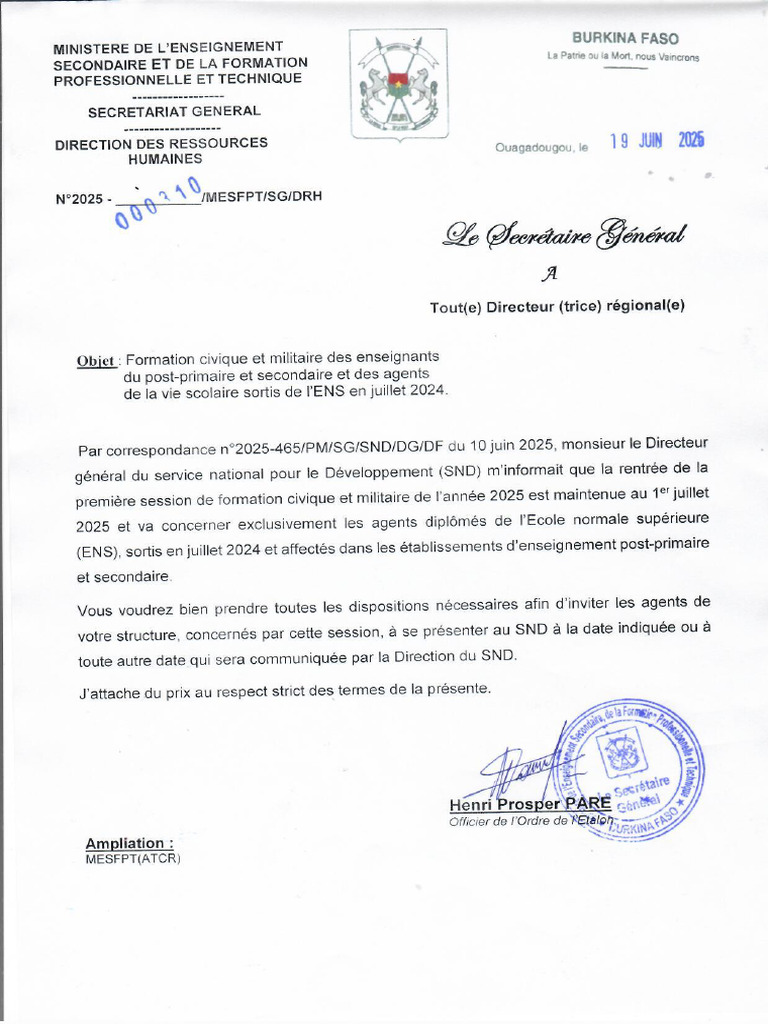 Lettre Portant Formatio Civique Et Militaire Des Enseignants Du Post ...