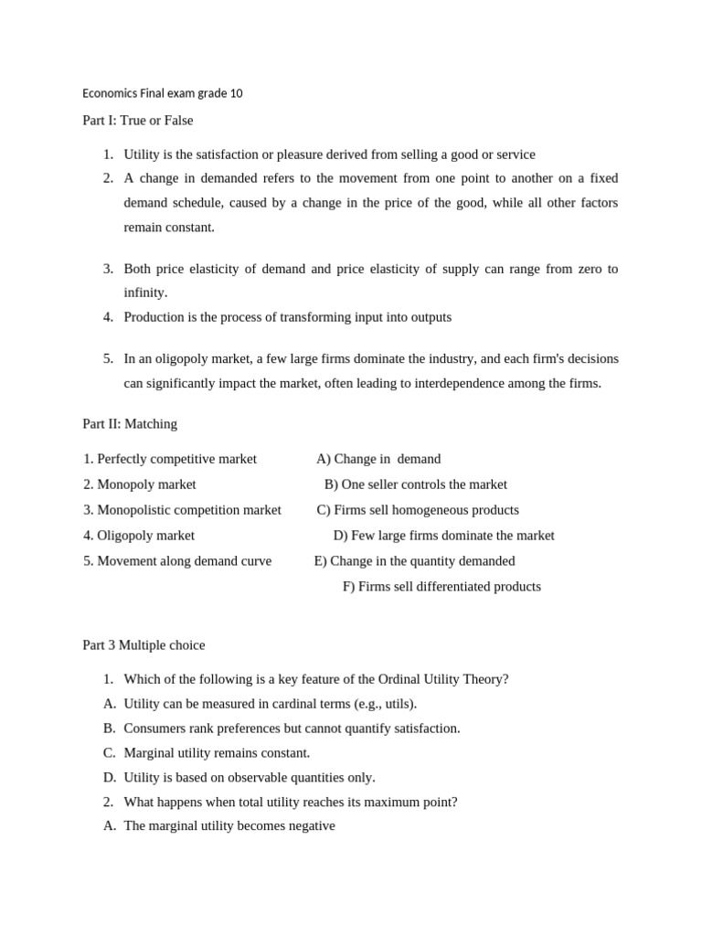 Grade 10 Economics Final Exam Guide | PDF | Supply (Economics) | Utility